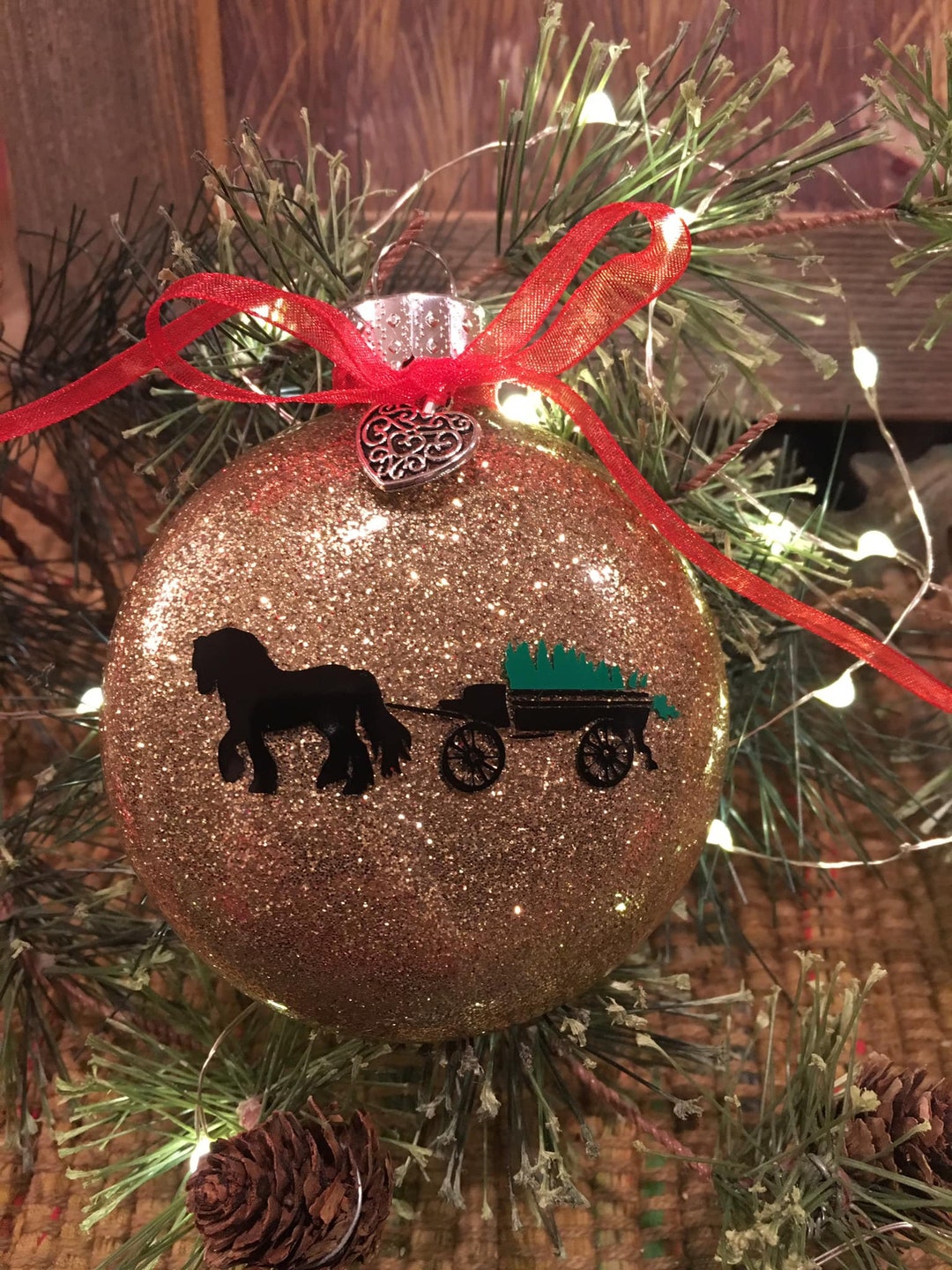 Gypsy Vanner Horse Pulling Wagon With Tree Glitter Glass Disc Ornament ...