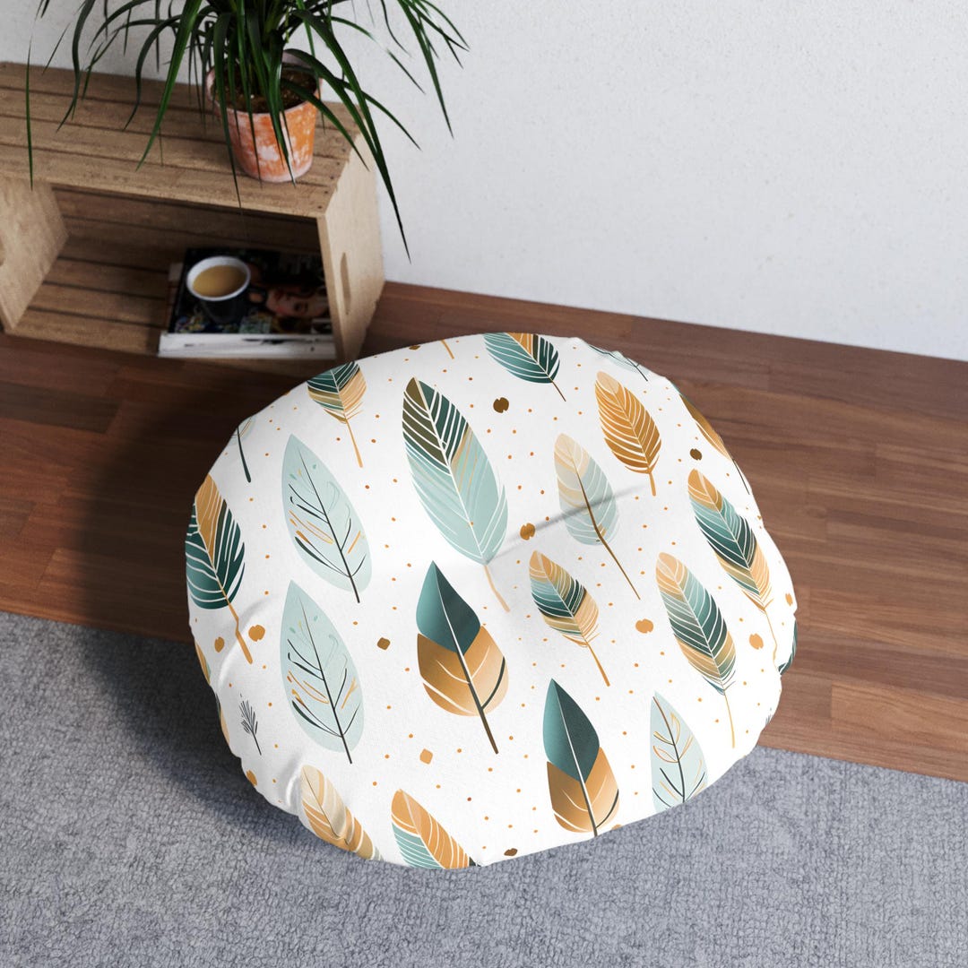 Teal Gold Feather Pattern Tufted Floor Pillow - Etsy