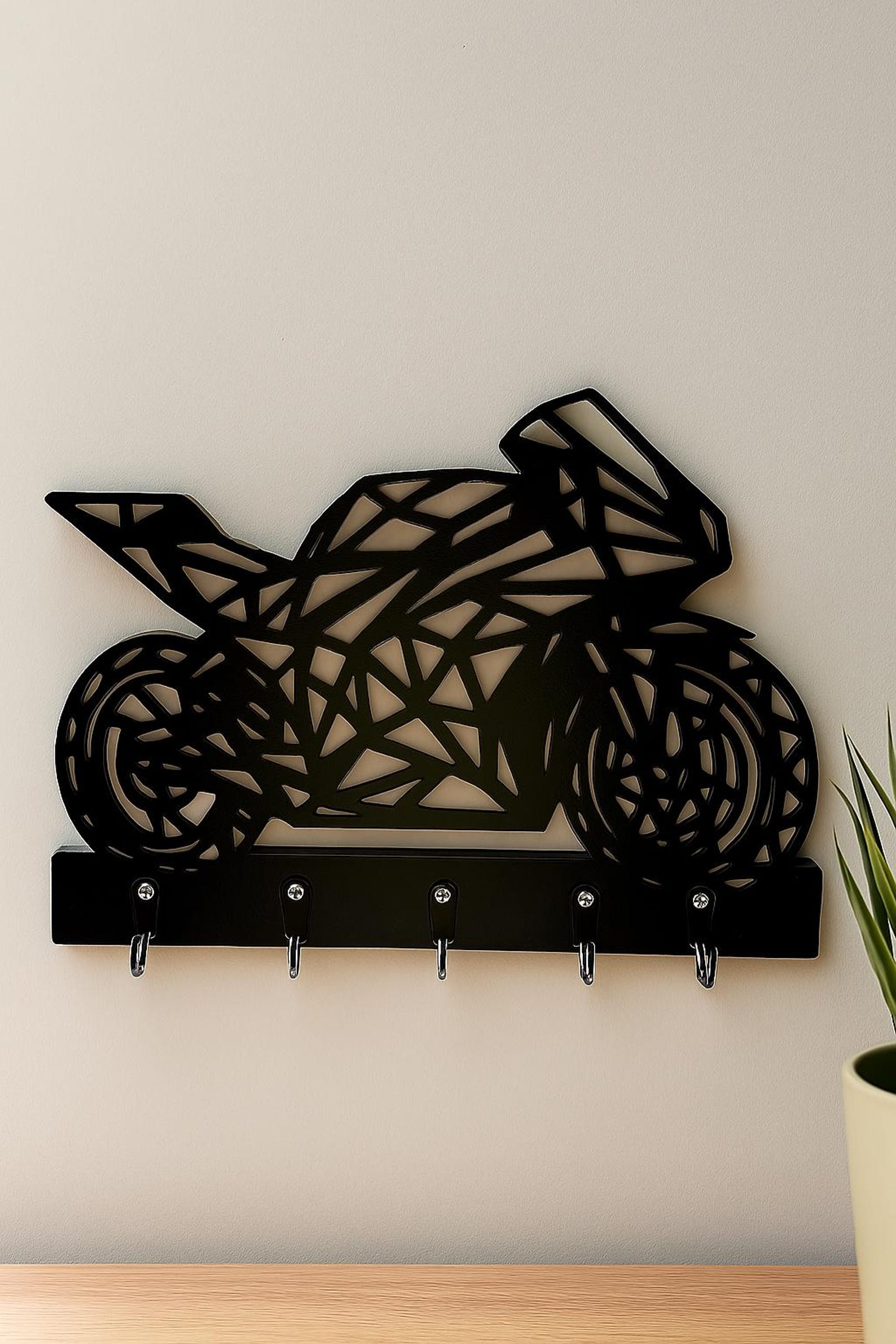 Geometric Motorcycle Key Holder, Laser Cut Wood Rack, Biker Garage ...
