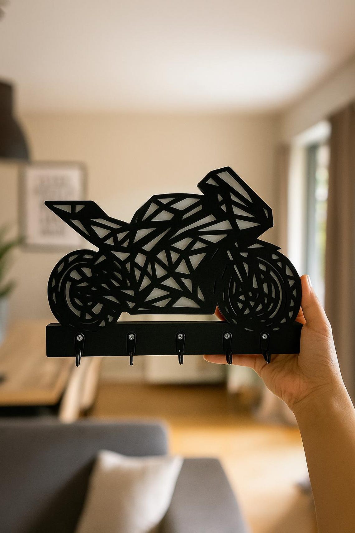 Geometric Motorcycle Key Holder, Laser Cut Wood Rack, Biker Garage ...