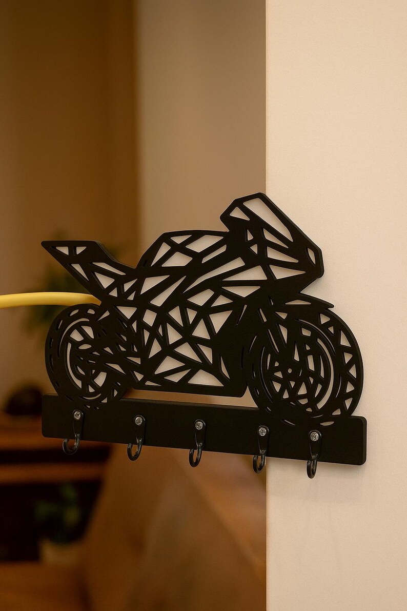 Geometric Motorcycle Key Holder, Laser Cut Wood Rack, Biker Garage ...