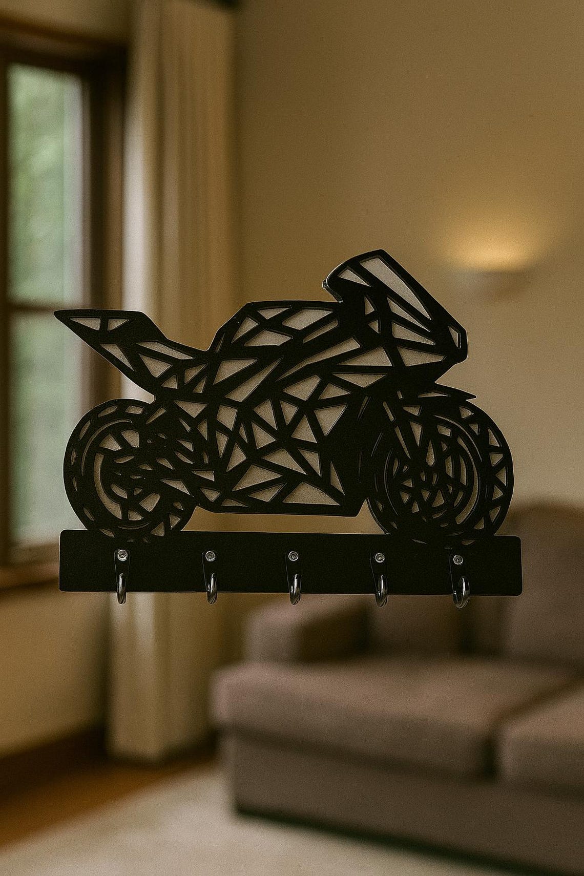 Geometric Motorcycle Key Holder, Laser Cut Wood Rack, Biker Garage ...
