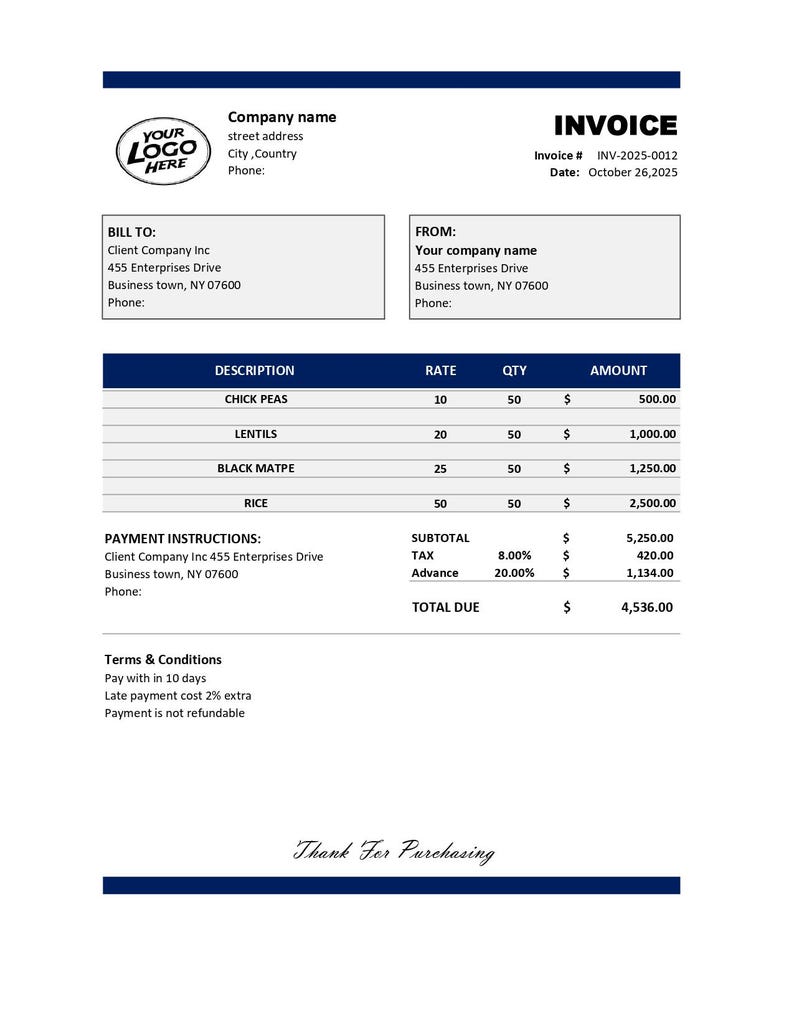 Editable Invoice Template for Excel, Google Sheets (digital Download ...