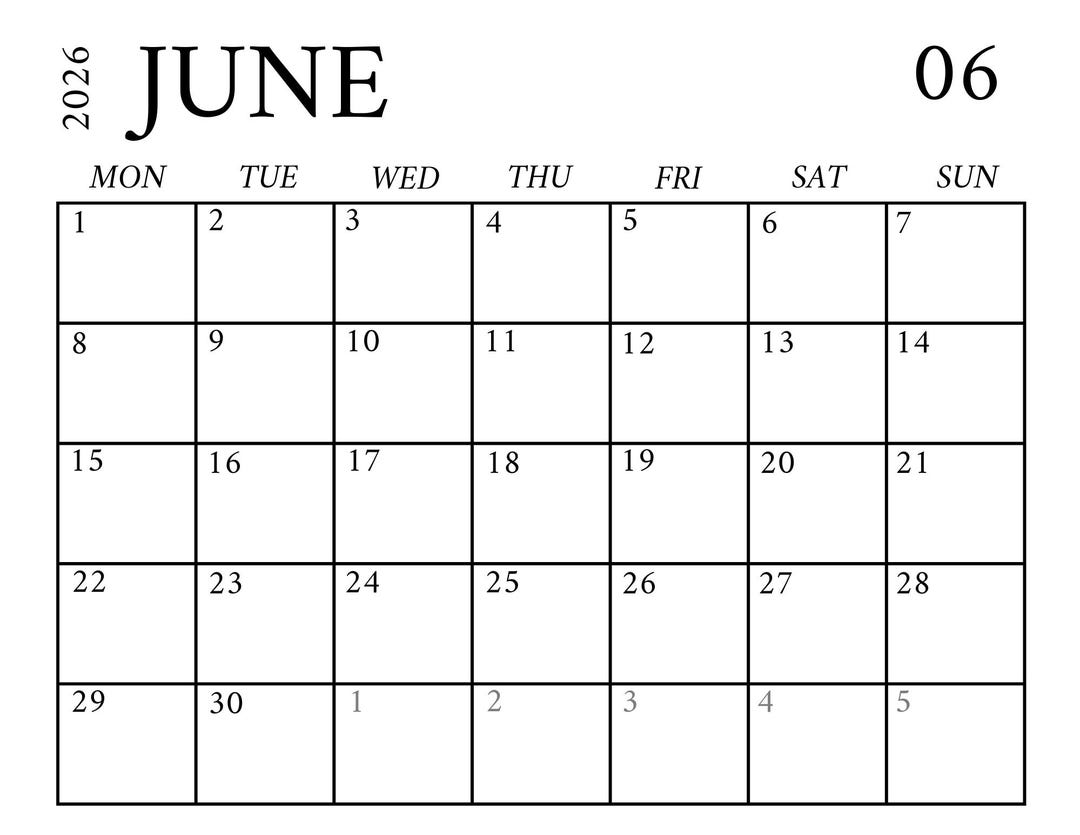 June 2026 Minimalist Calendar Printable | Black & White Monthly Planner ...