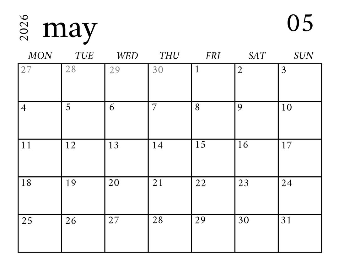 May 2026 Minimalist Calendar Printable | Black & White Monthly Planner ...