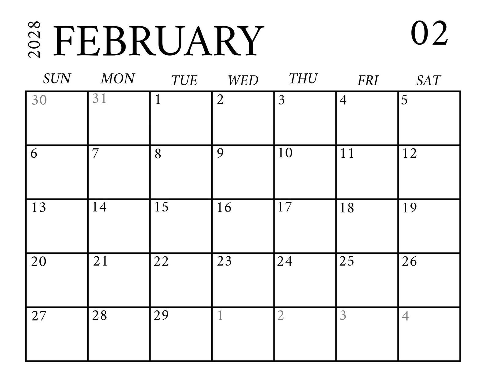 February 2028 Minimalist Calendar Printable | Black & White Monthly ...
