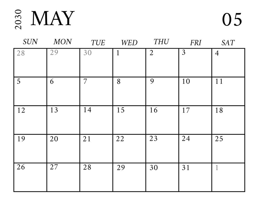 May 2030 Minimalist Calendar Printable | Black & White Monthly Planner ...