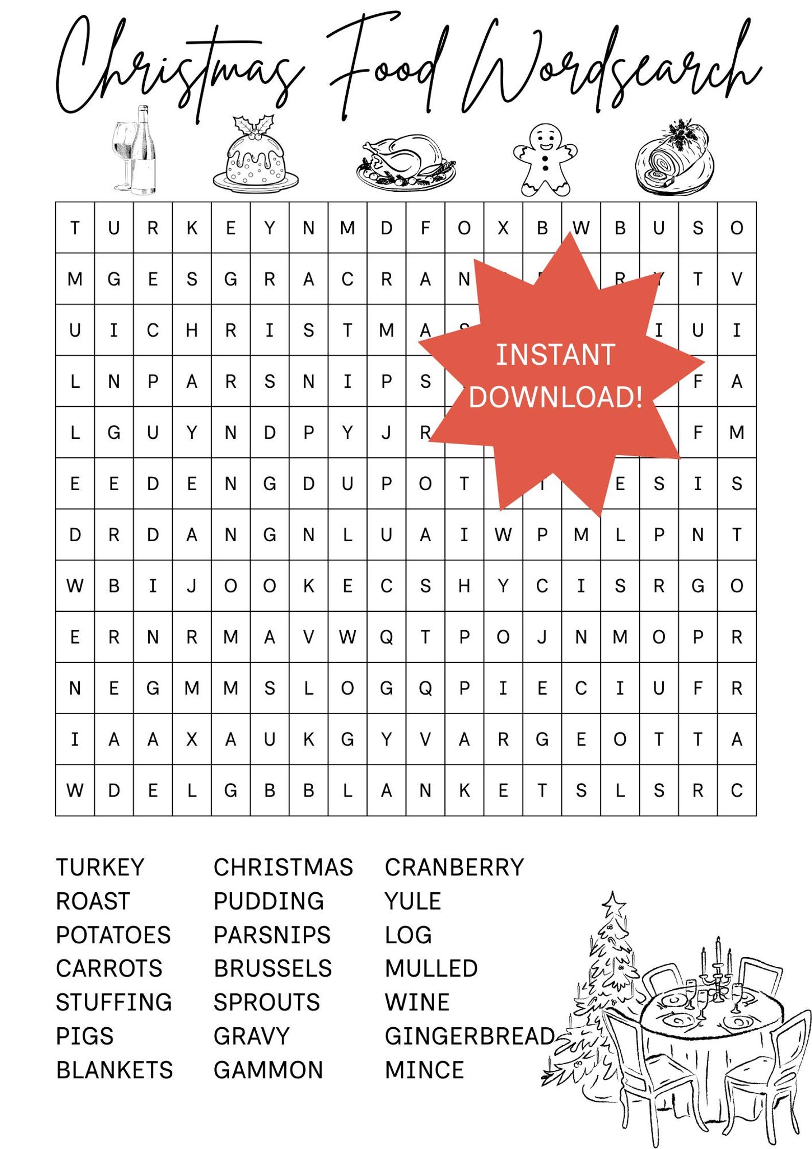 Christmas Food Wordsearch - Instant Printable PDF Download - A4 Size - Etsy