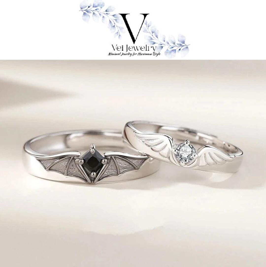 Angel & Demon Wings Couple Rings Set - Adjustable Rings | Bat Wing ...