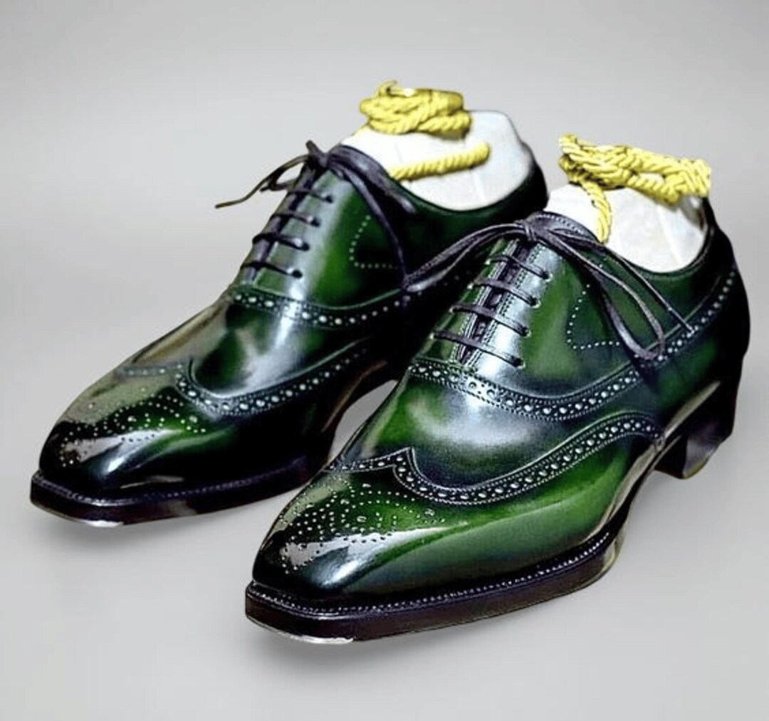 New Men's Handmade Green Color Leather Oxford Wingtip Brogue Lace up ...