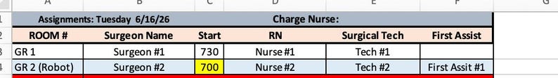 Surgery/operating Room Staff Assignment Template (surgeon, Nurse, Tech ...