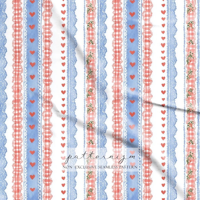 Watercolor Lace Stripe Seamless Pattern Digital Paper – Blue Red Hearts ...