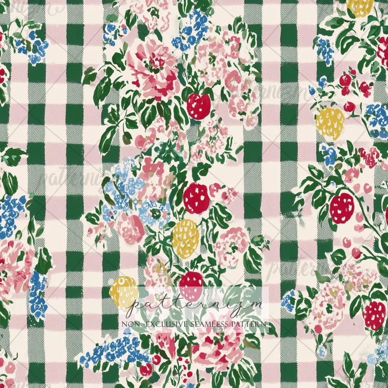 Strawberry Gingham Pattern Digital Download – Floral Picnic Seamless ...