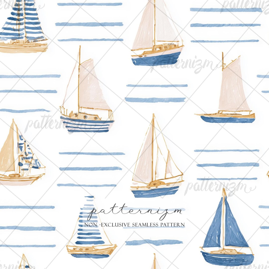 Sailboat Stripe Seamless Pattern Digital Paper – Nautical Coastal ...