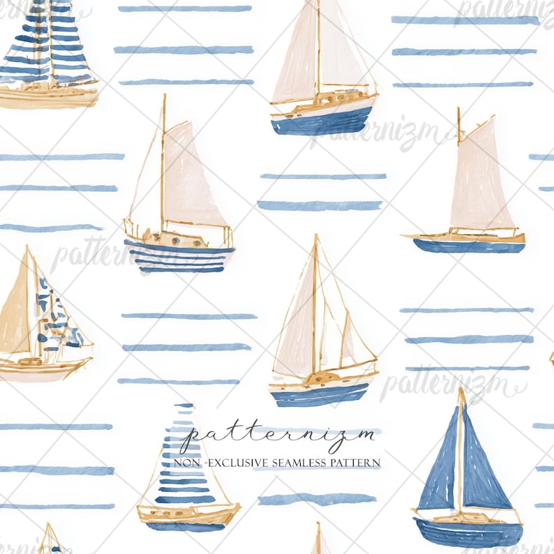 Sailboat Stripe Seamless Pattern Digital Paper – Nautical Coastal ...