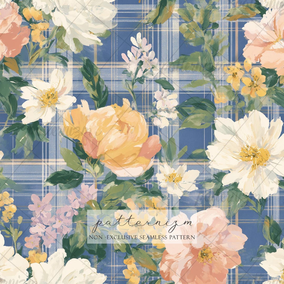 Seamless Floral Plaid Pattern Digital Download – Painted Flowers on ...
