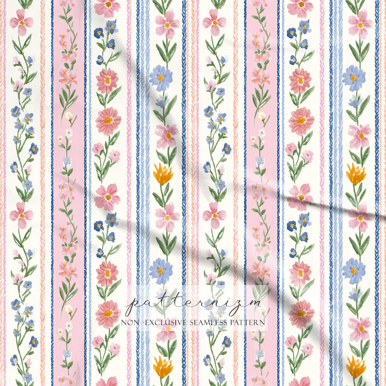 Watercolor Floral Stripe Digital Paper – Painted Pink Blue Wildflowers ...