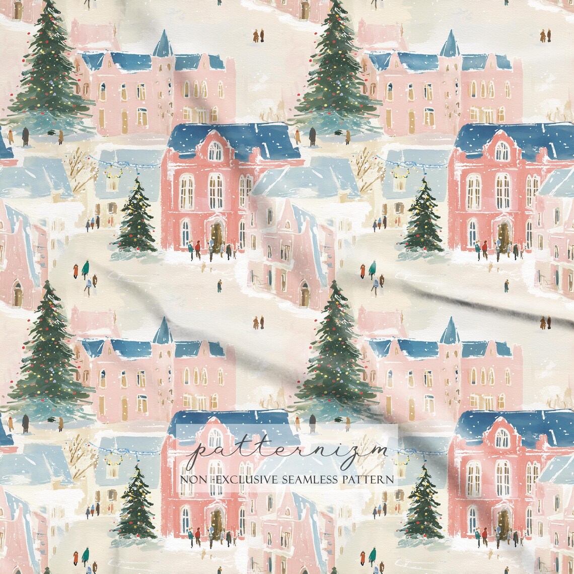 Pink Winter Village Seamless Pattern – Christmas Town, Snowy Trees and ...