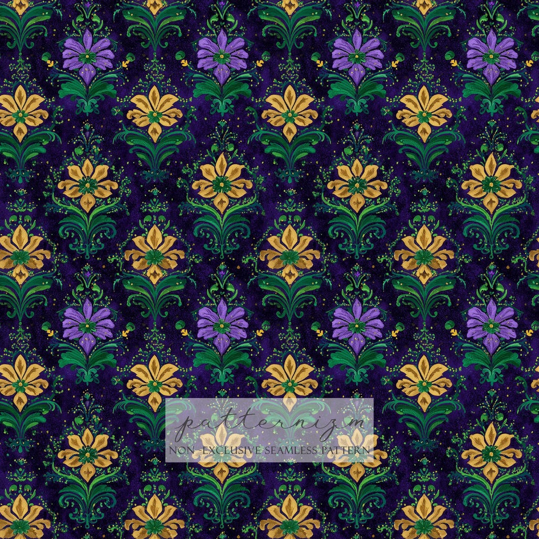 Floral Mardi Gras Seamless Pattern - Purple Yellow Green - Background ...