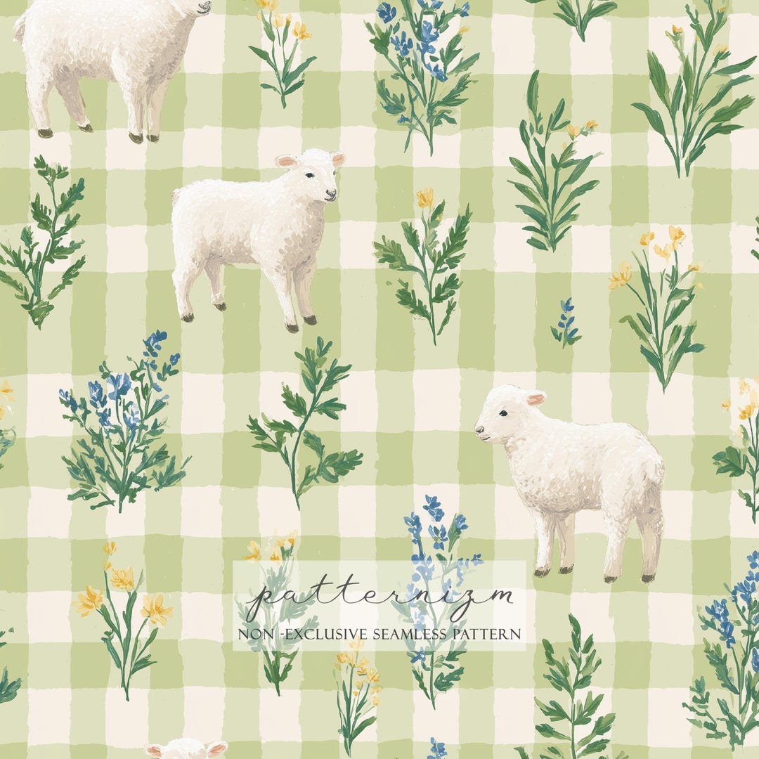 Watercolor Lamb Pattern Digital Paper – Cute White Sheep on Green ...