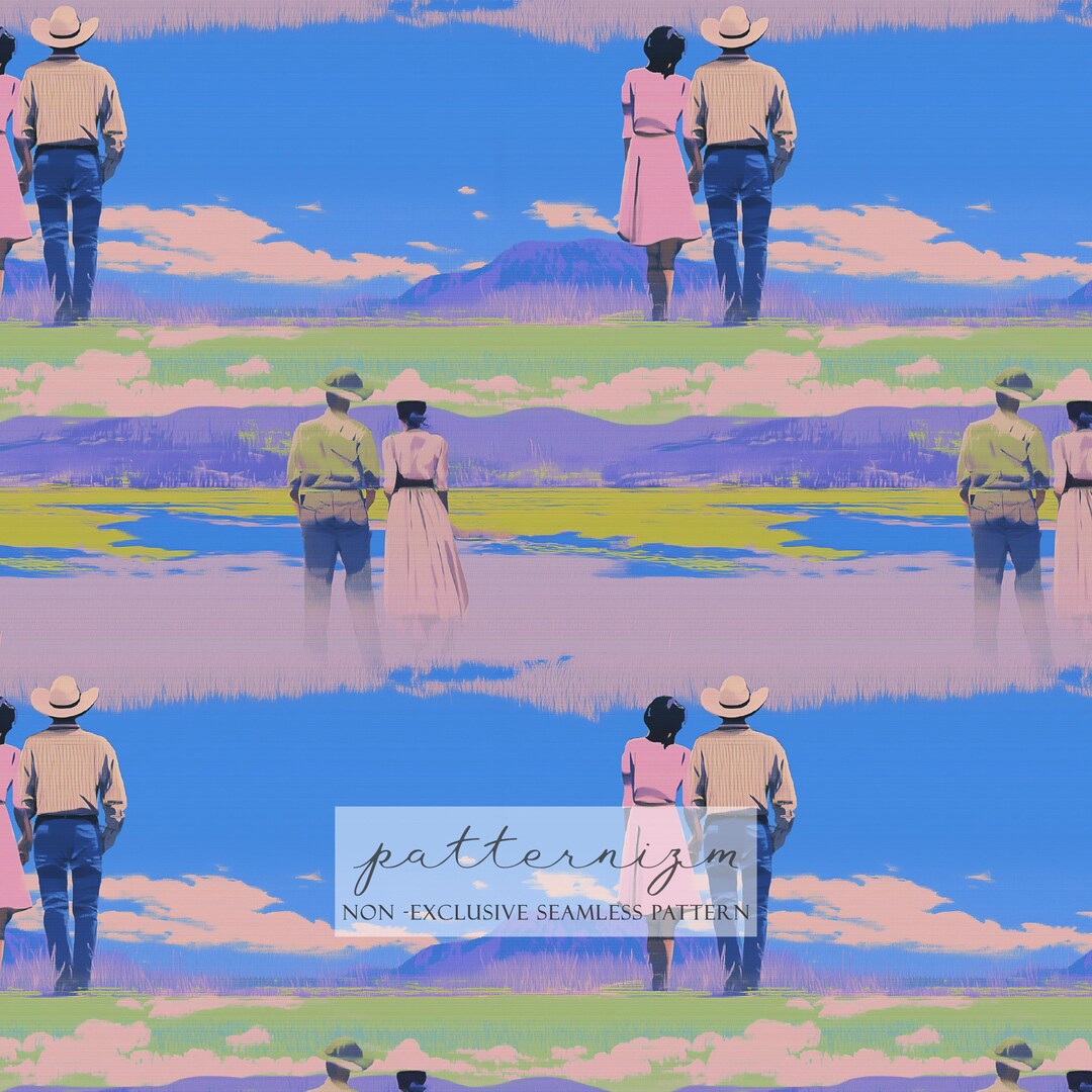 Pastel Cowboy Couple Seamless Pattern – Retro Lovers Walking in Desert ...