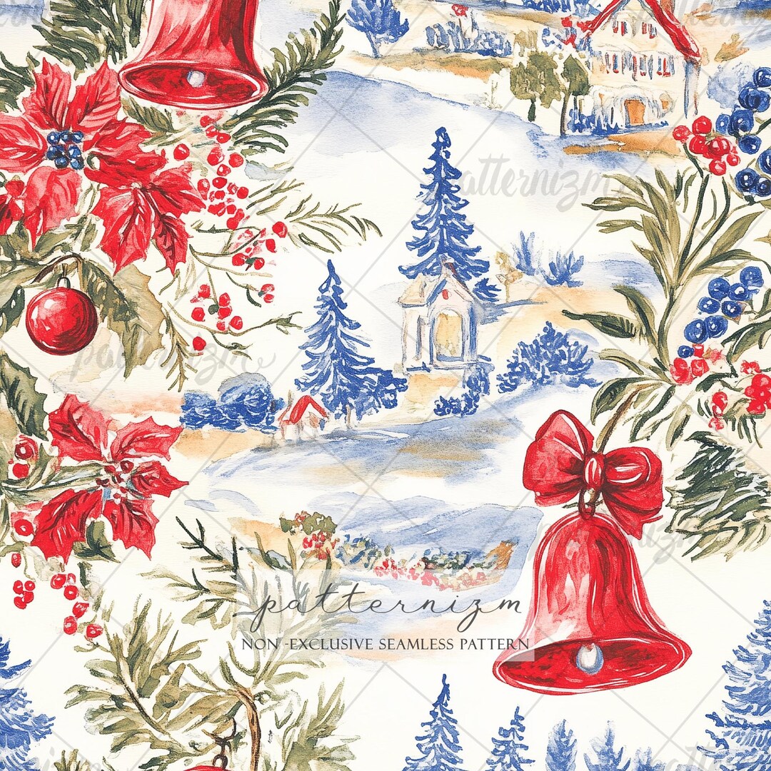Seamless Christmas Bell Pattern Digital Download – Red Bows, Poinsettia ...