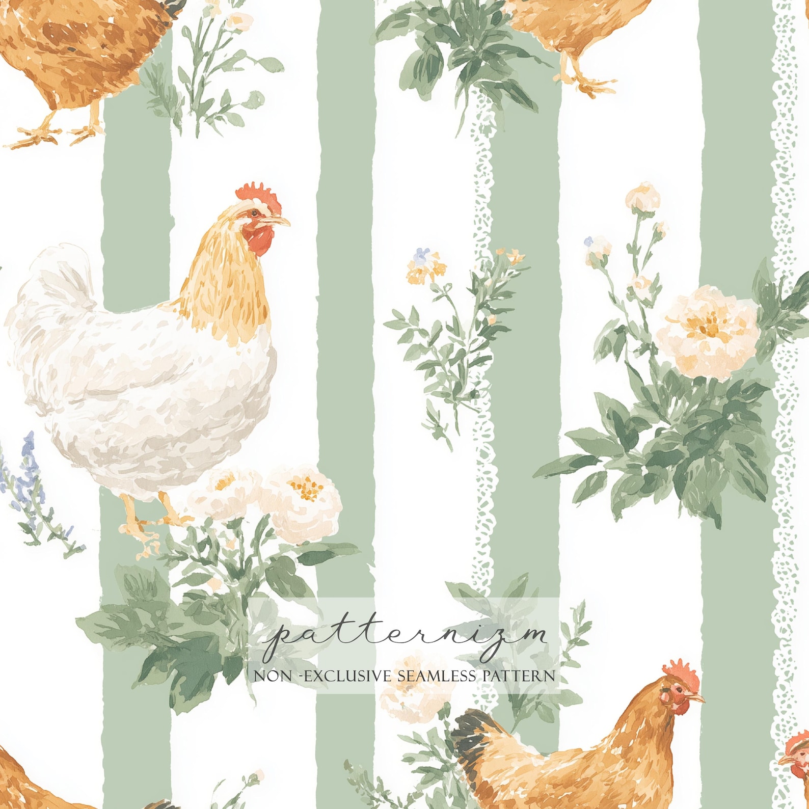 Country Chicken Garden Seamless Pattern – Sage Green Stripes With ...