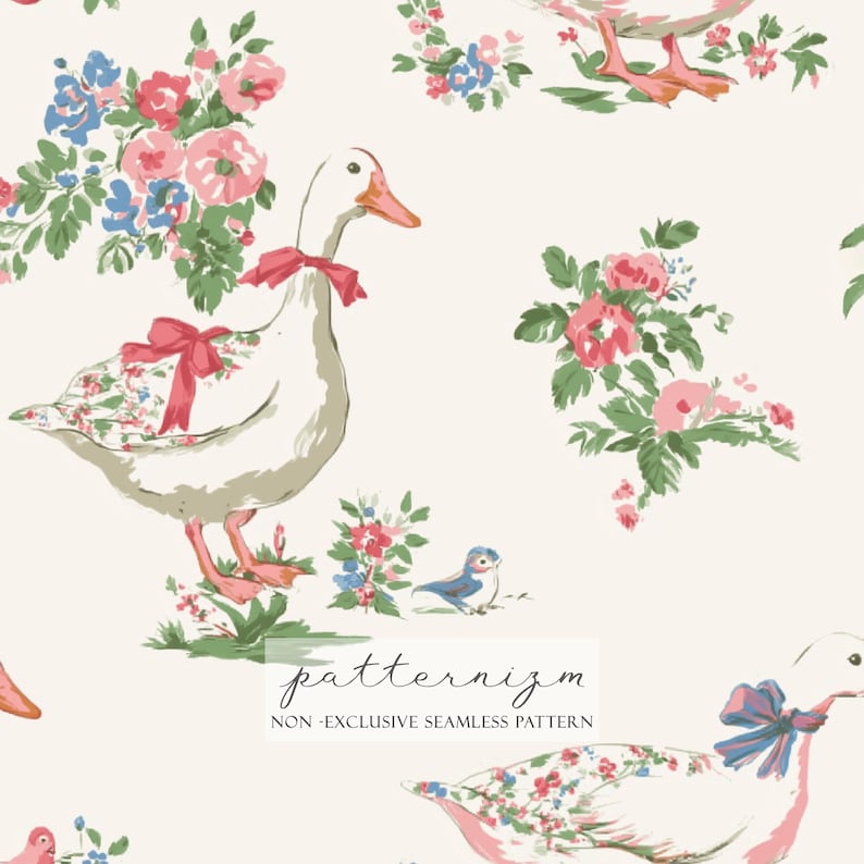 Watercolor Goose Floral Seamless Pattern Digital Paper – Cute Bow Goose ...