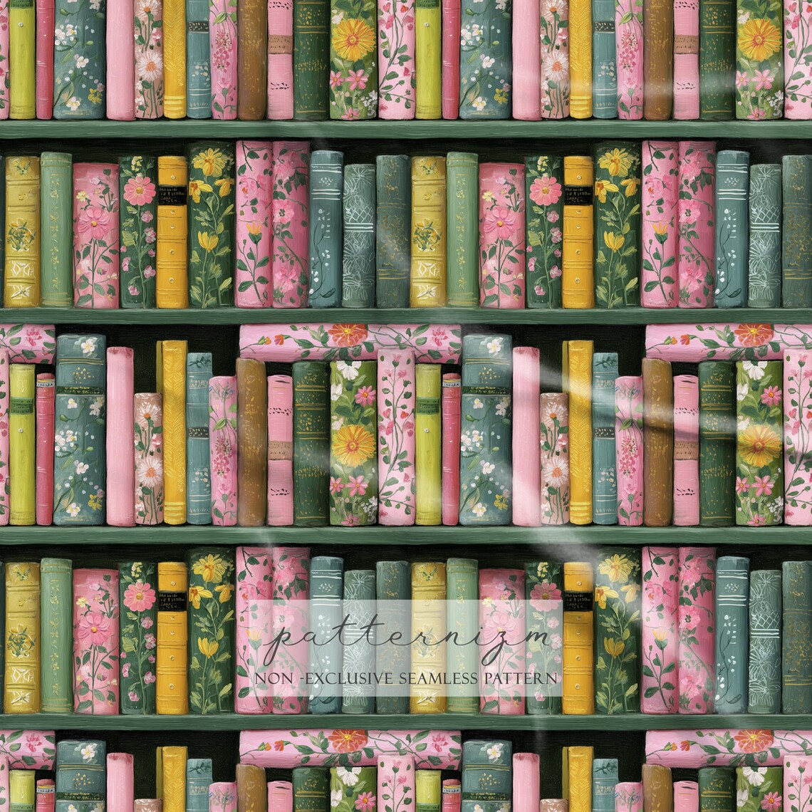 Floral Bookshelf Pattern Seamless Pattern Paper – Vintage Cottagecore Book Design, Illustrated ...