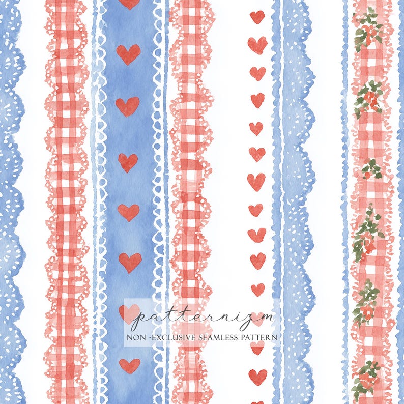 Watercolor Lace Stripe Seamless Pattern Digital Paper – Blue Red Hearts ...