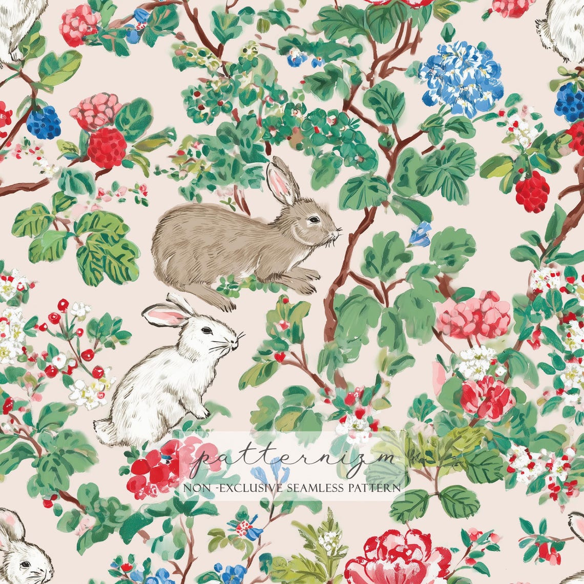 Vintage Easter Bunny Seamless Pattern, Floral Garden Rabbits ...