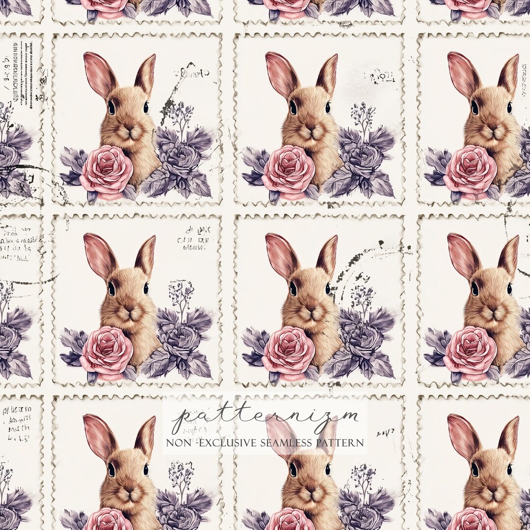 Vintage Bunny Postage Seamless Pattern – Cute Rabbit With Roses and ...