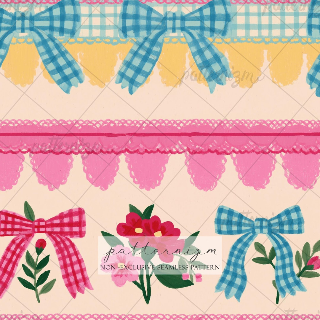 Coquette Bow Floral Seamless Pattern – Gingham Ribbon Design, Pink Lace ...