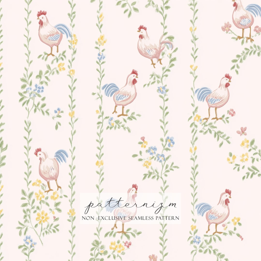 Seamless Rooster Garden Pattern Digital Download – Cottage Farm Chicken ...