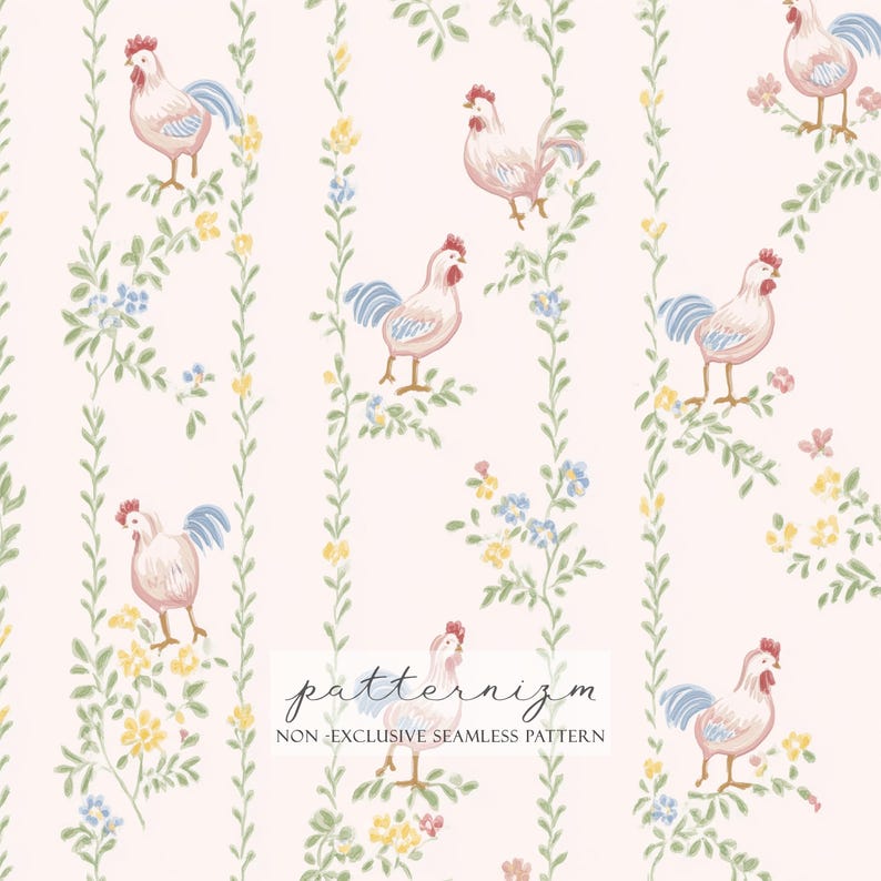 Seamless Rooster Garden Pattern Digital Download – Cottage Farm Chicken ...