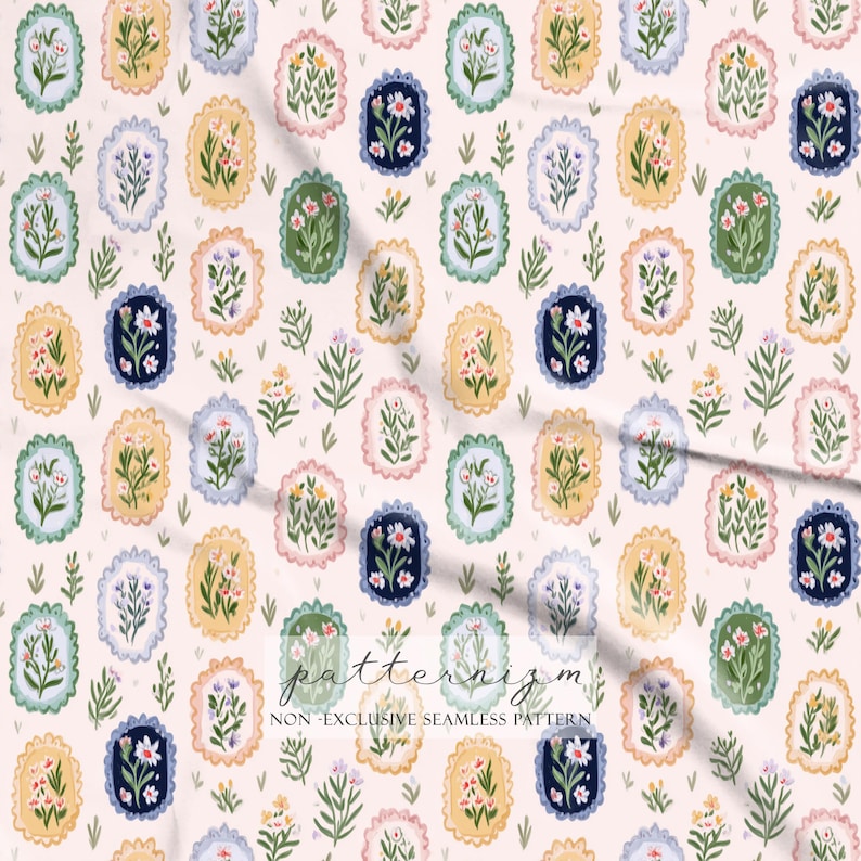 Floral Stamp Medallion Seamless Pattern – Painted Botanical Badges ...
