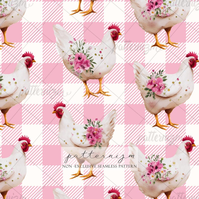 Floral Chicken Seamless Pattern Digital Download – Pink Gingham Hen ...