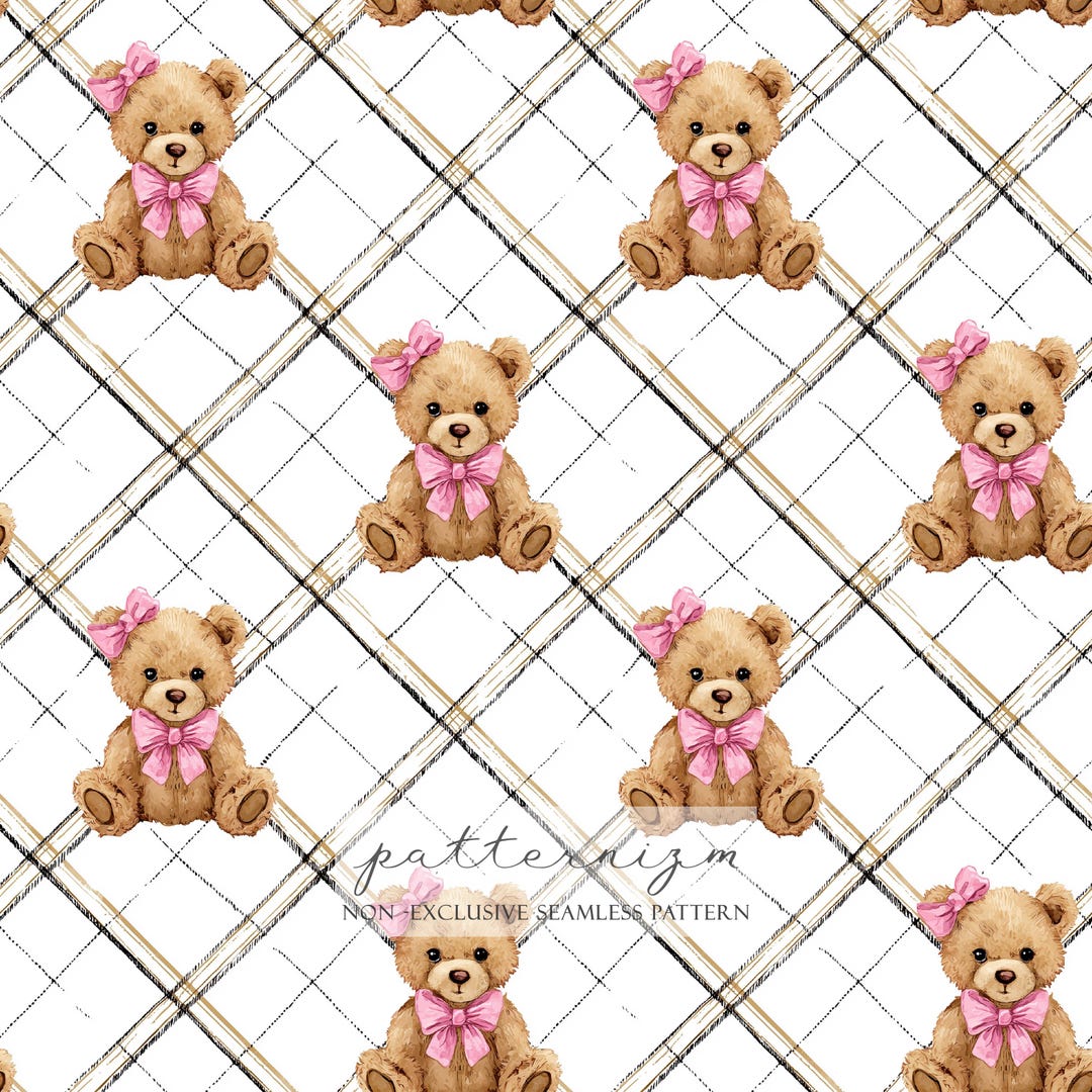 Cute Teddy Bear Seamless Pattern – Pink Bow Bear Repeat Design on Plaid ...