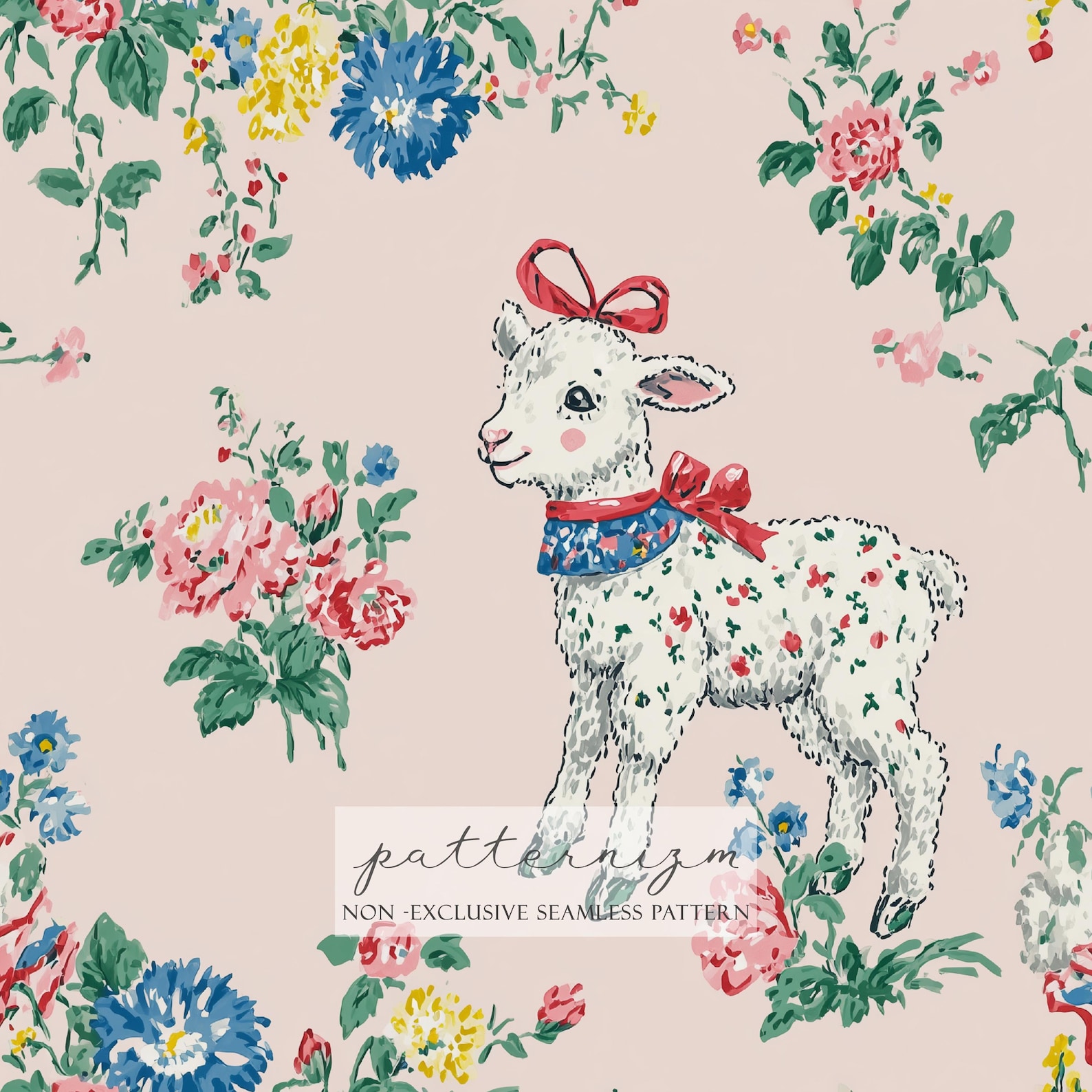 Vintage Lamb Floral Seamless Pattern – Cute White Lamb With Red Bow and ...