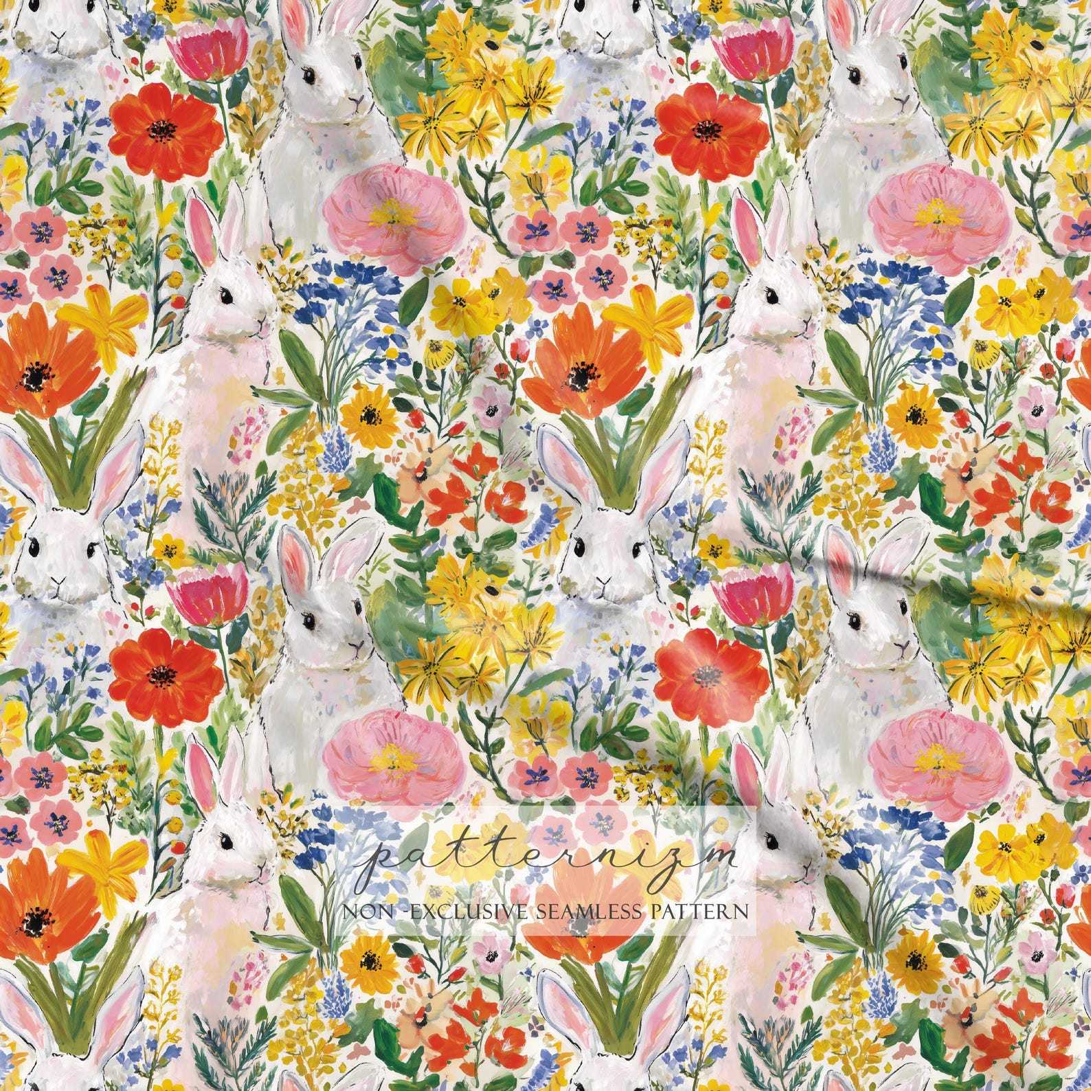 Colorful Bunny Floral Digital Paper – Seamless White Rabbits With ...