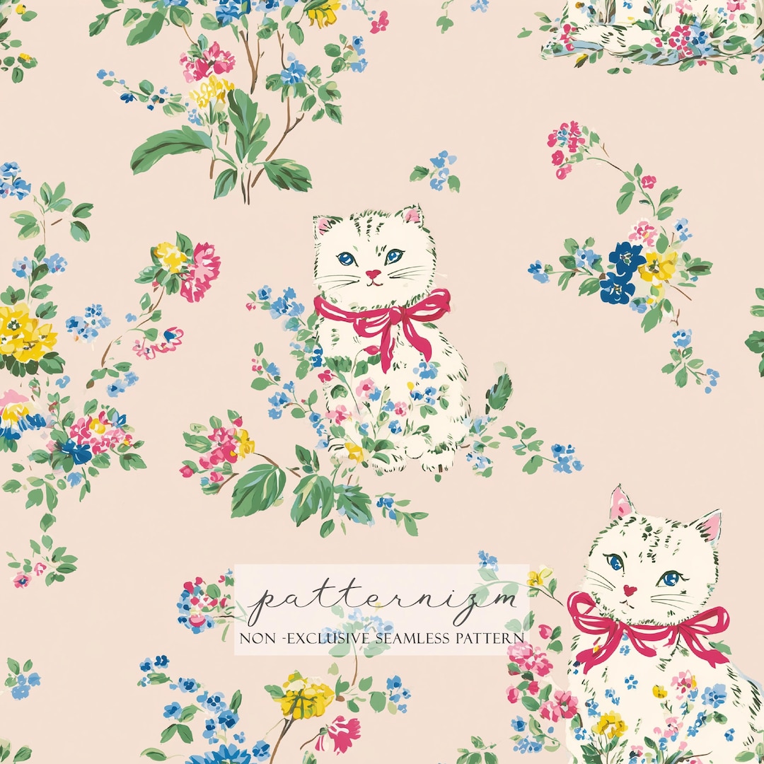 Cute Kitten Floral Pattern – Vintage Cottage Cats With Pink Bows, Sweet ...