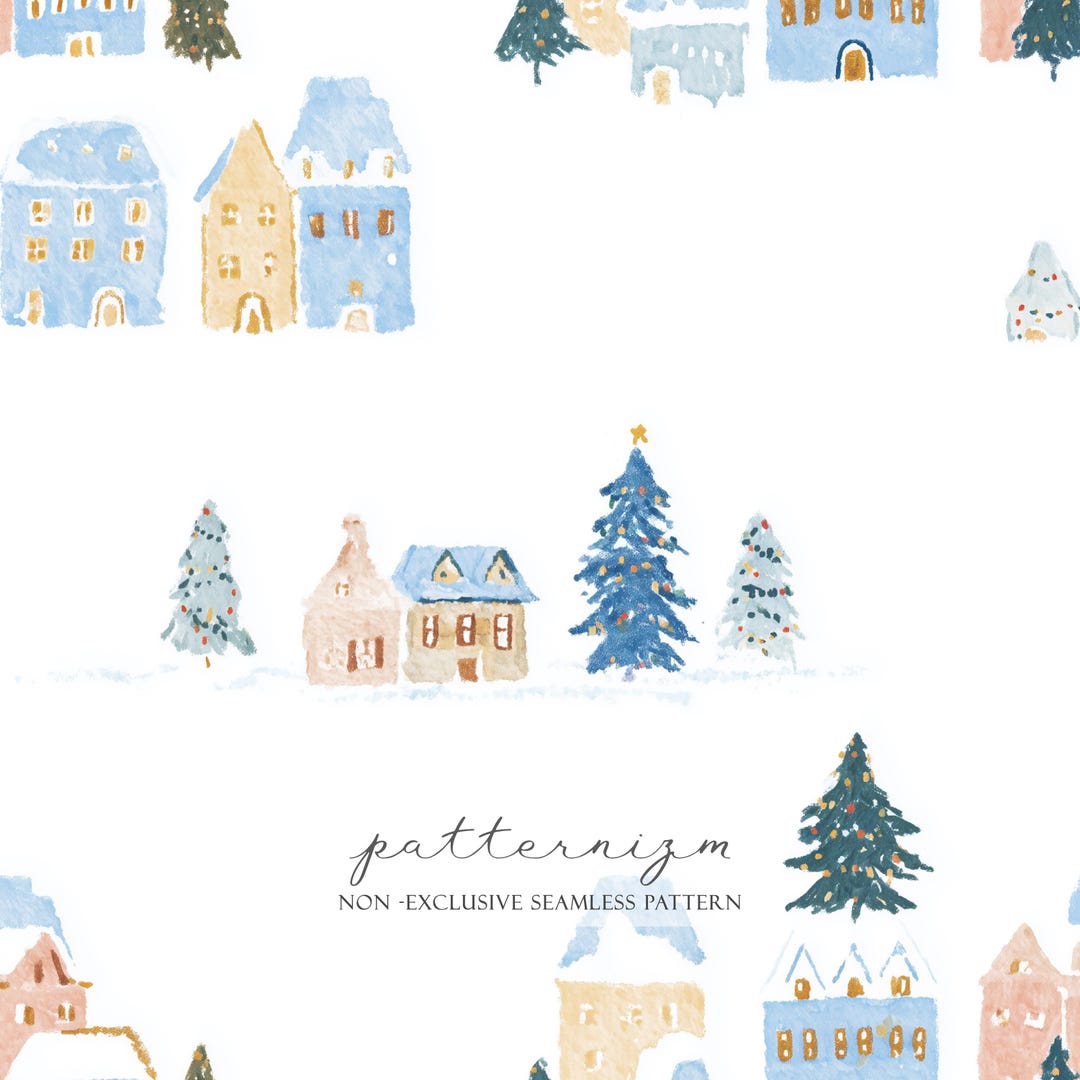 Watercolor Winter Village Seamless Pattern – Snowy Houses and Christmas ...