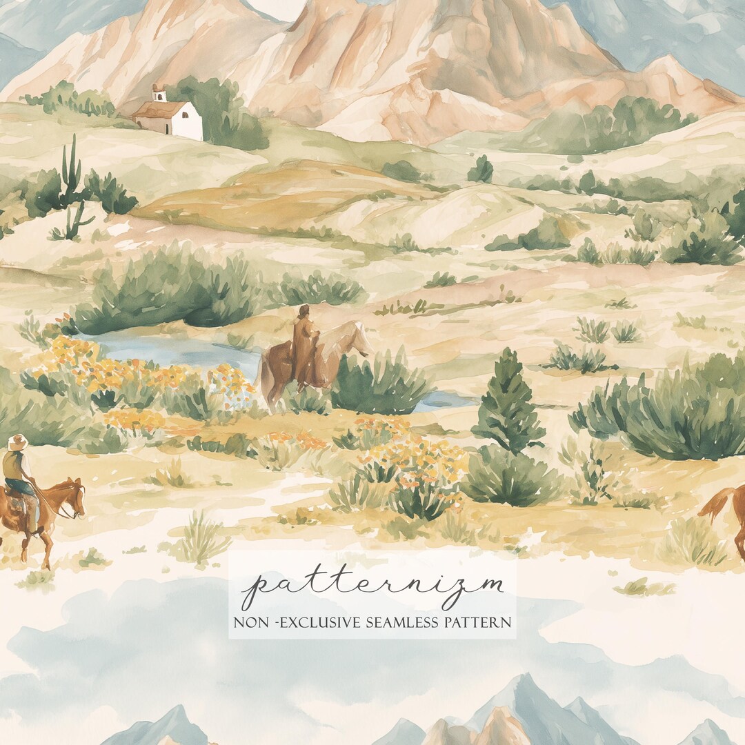 Western Landscape Seamless Pattern – Cowboy Desert Mountains, Rustic ...