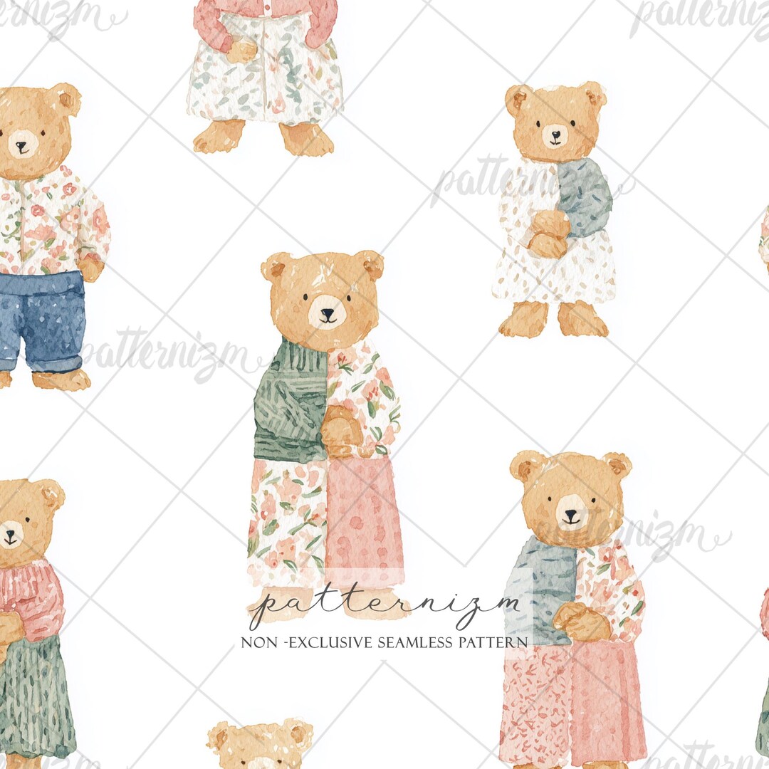 Seamless Teddy Bear Pattern Digital Download – Cute Nursery Animal ...