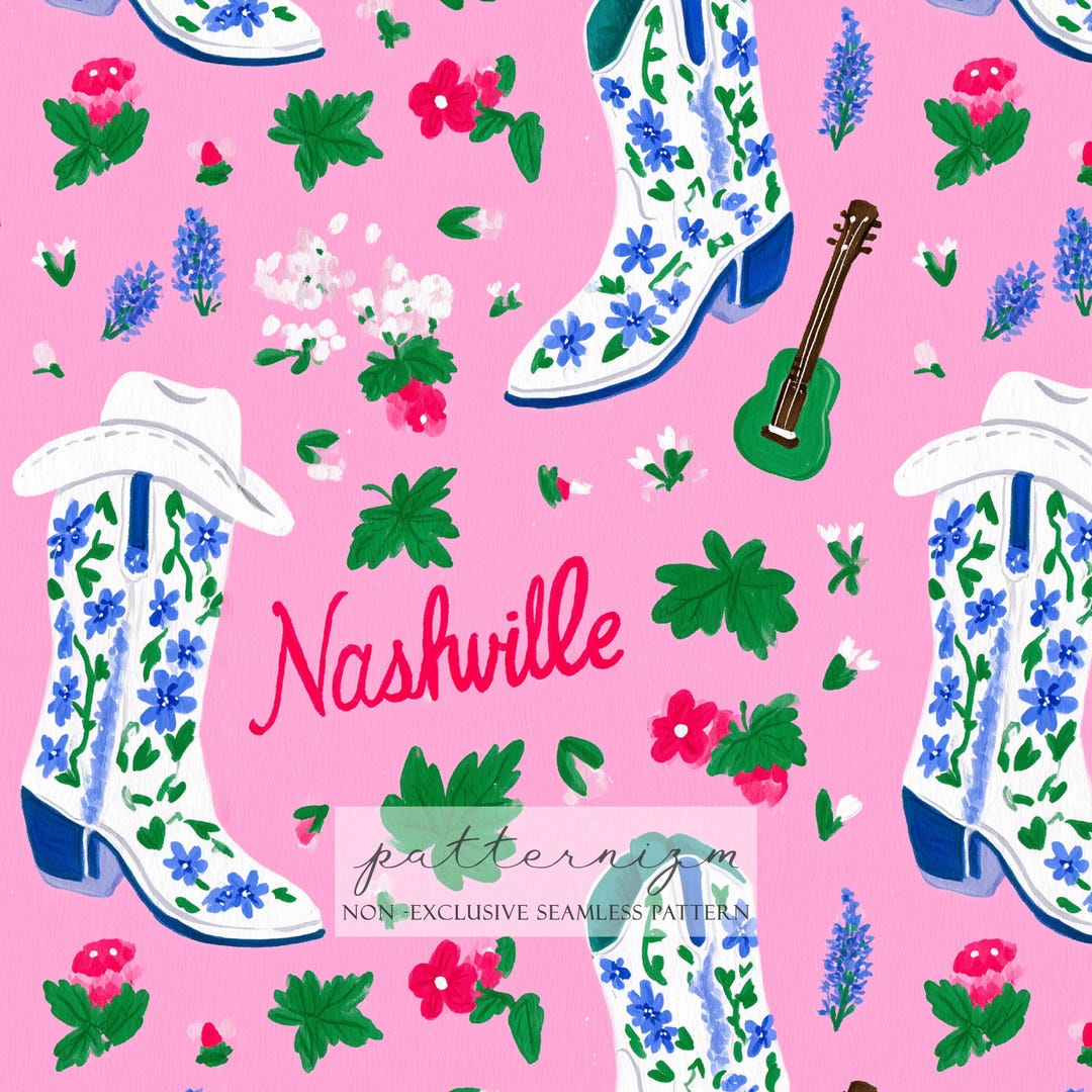 Nashville Cowboy Boot Seamless Pattern - Floral Boots With Guitar, Hat ...