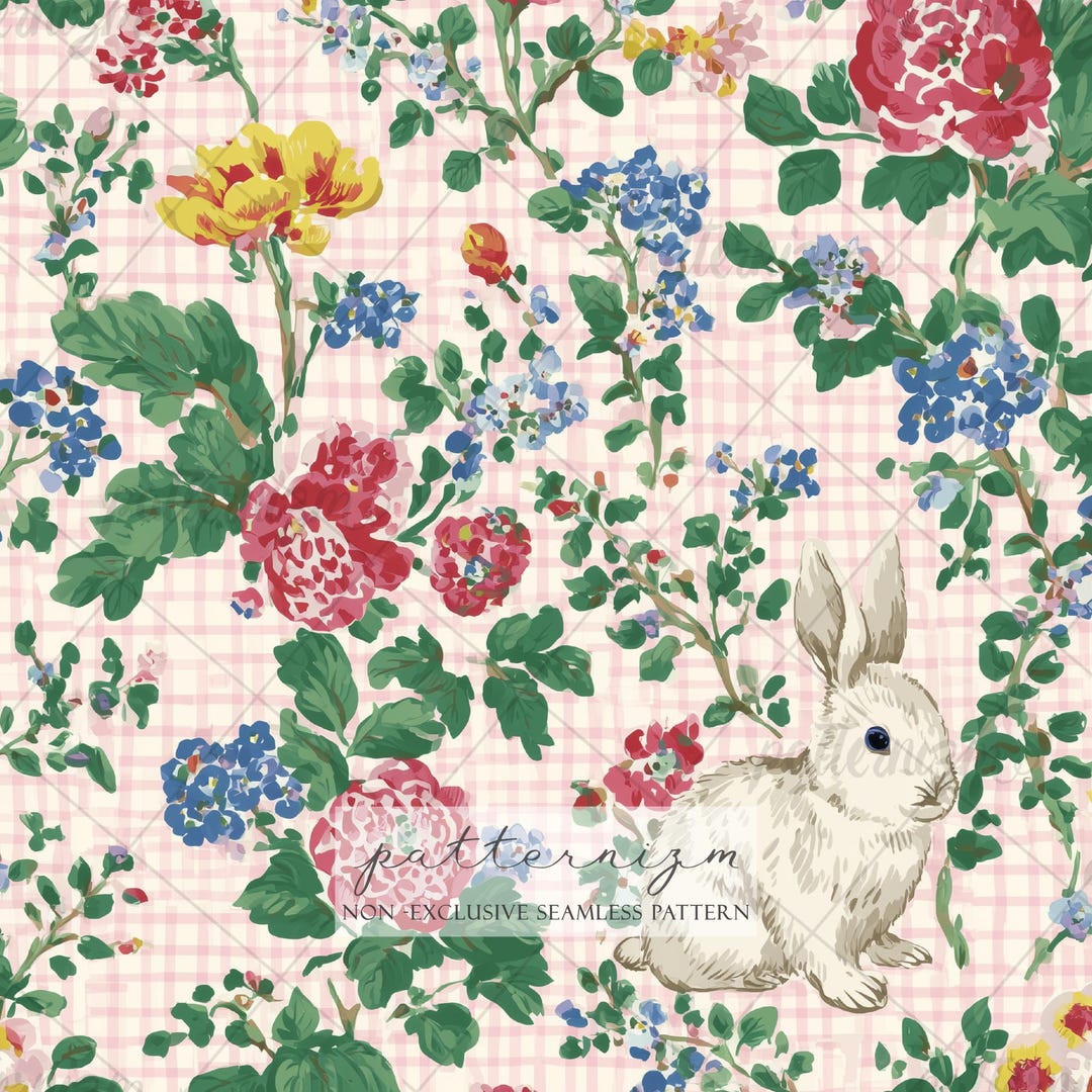 Seamless Easter Bunny Floral Gingham Pattern Digital Download – Cute ...