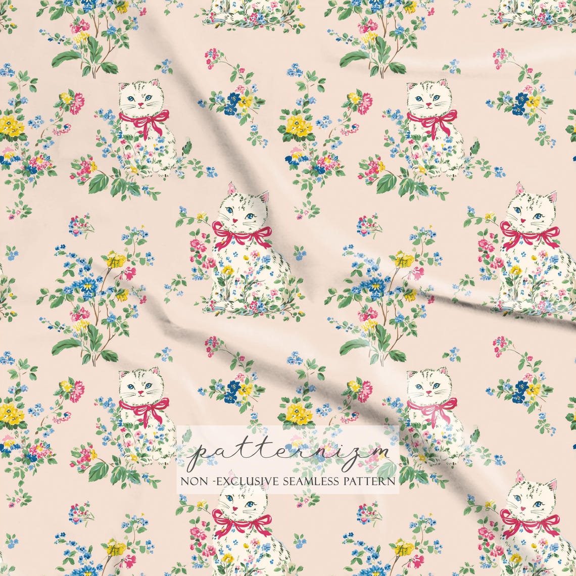 Cute Kitten Floral Pattern – Vintage Cottage Cats With Pink Bows, Sweet ...