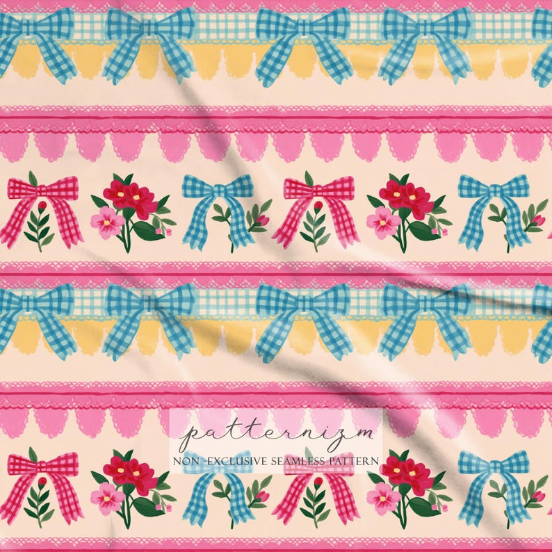 Coquette Bow Floral Seamless Pattern – Gingham Ribbon Design, Pink Lace ...