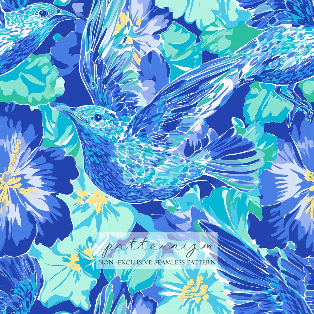 Blue Bird Seamless Pattern – Preppy Artist Painted Style Floral With ...
