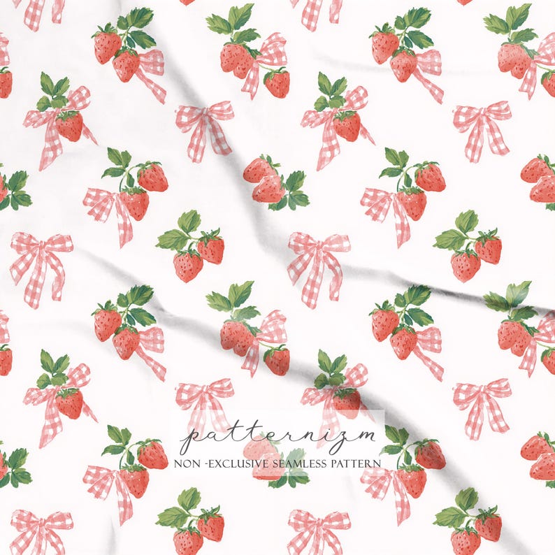 Strawberry Bow Seamless Pattern Digital Paper – Gingham Coquette Fruit ...